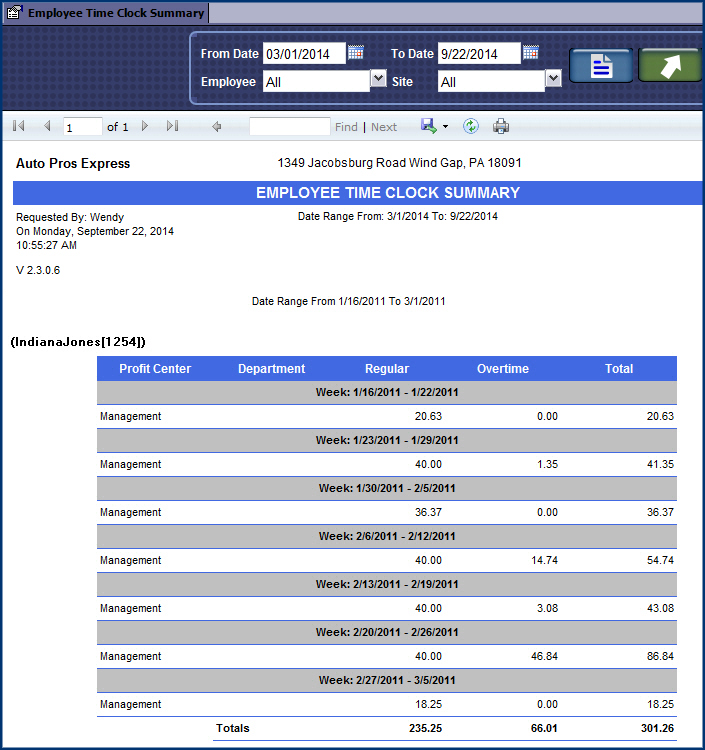 WashConnect WebHelp Version 1.4.10 > Home > Time Clock > Time Clock Reports > Employee Time ...